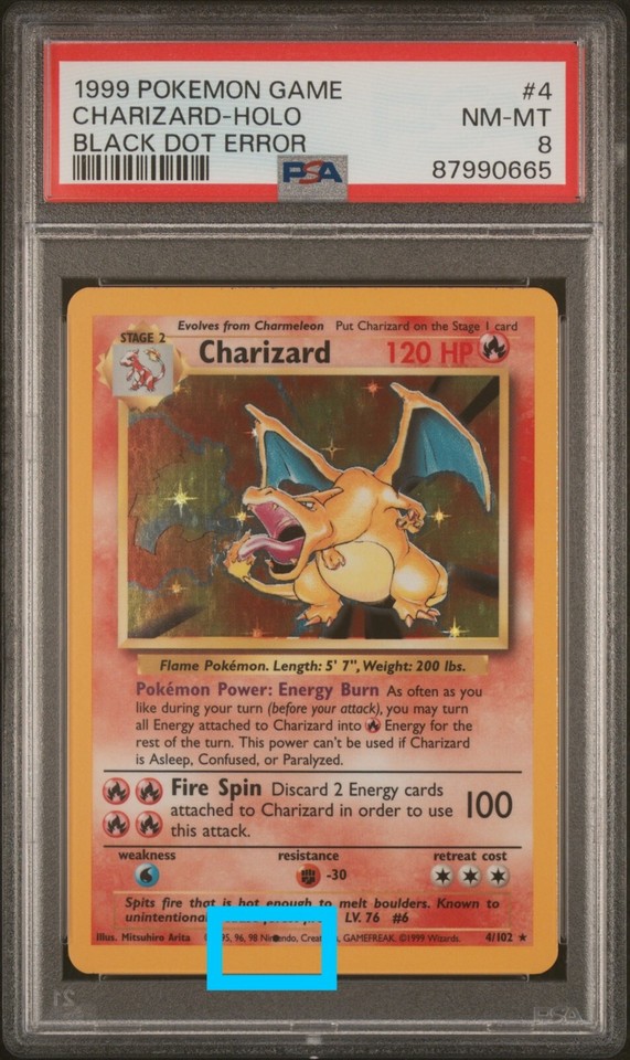 PSA 8 CHARIZARD 1999 Pokemon Base Unlimited #4/102 Holo BLACK DOT ERROR ...