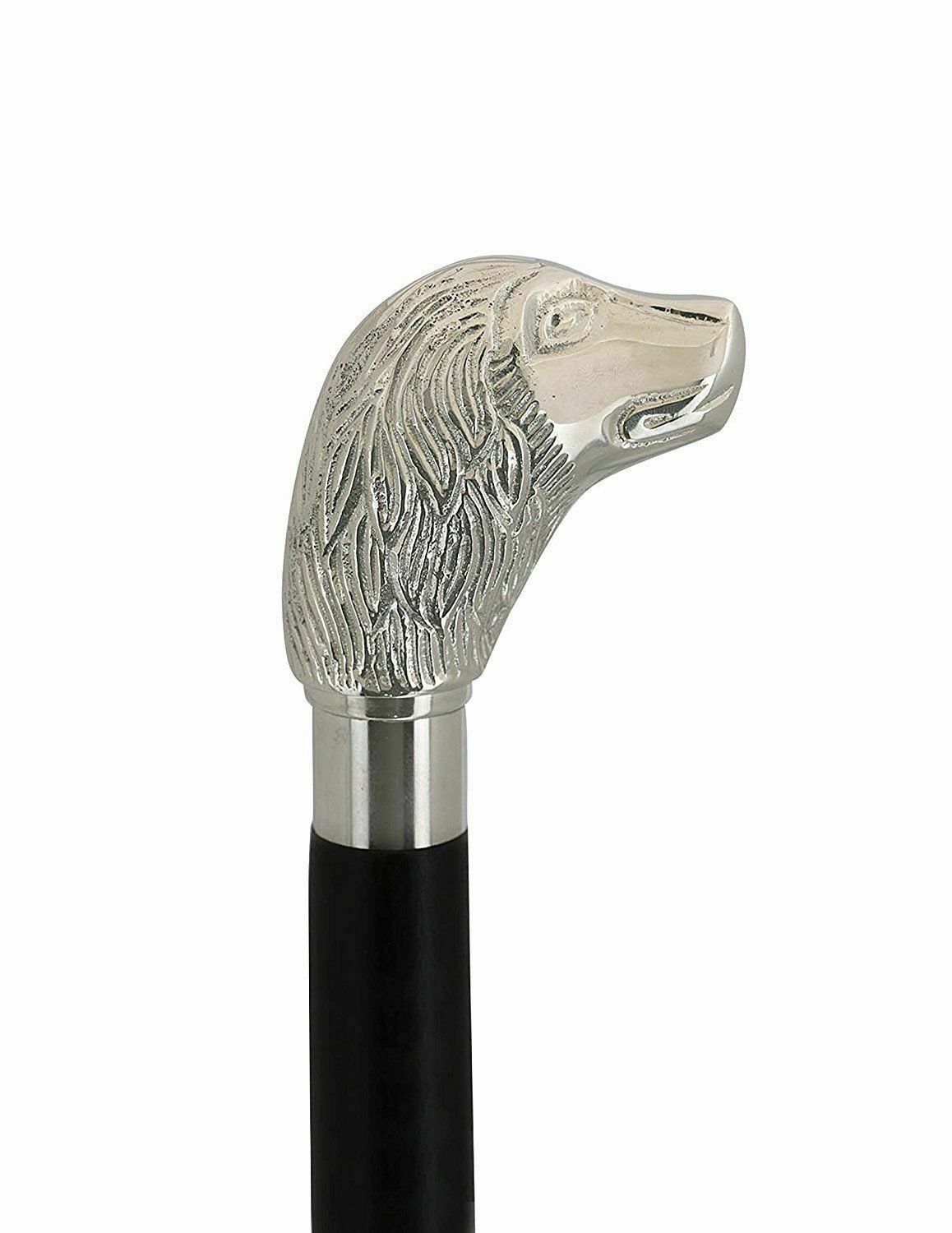 Dog Head Handle Brass Wood Cane Designer Silver Finis… - Gem