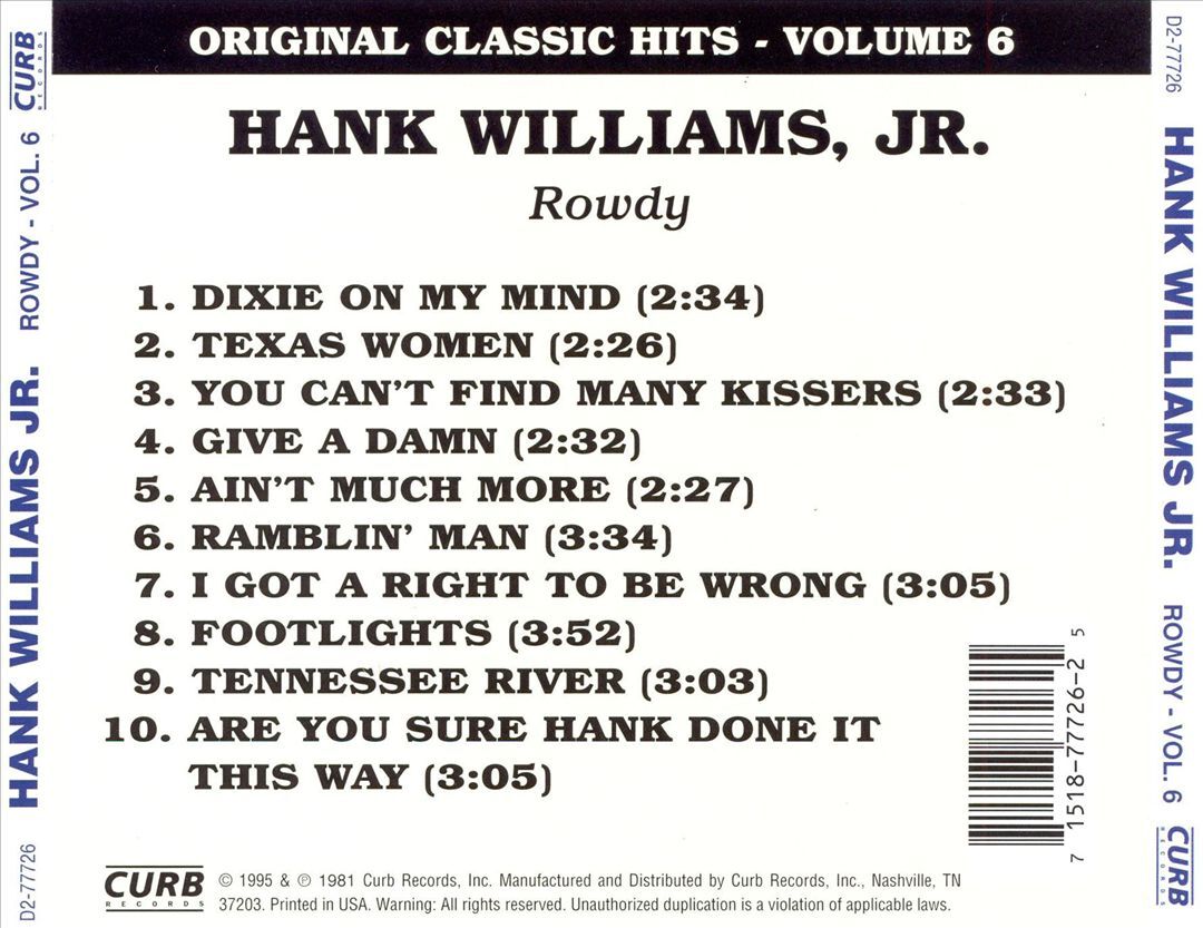 HANK WILLIAMS, JR. ROWDY NEW CD 715187772625| eBay