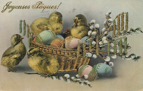Easter greetings 1914 novelty postcard glitter chicken fantasy Belgium ...