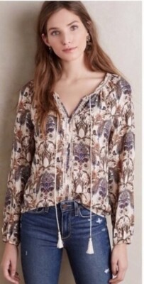 Meadow Rue Myrtle Peasant Blouse Size Small Beige Paisley Floral ...