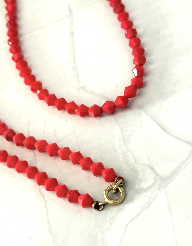 Mid Century Red Faceted Czech Glass Bicone Bead Necklace 28in Spring ...