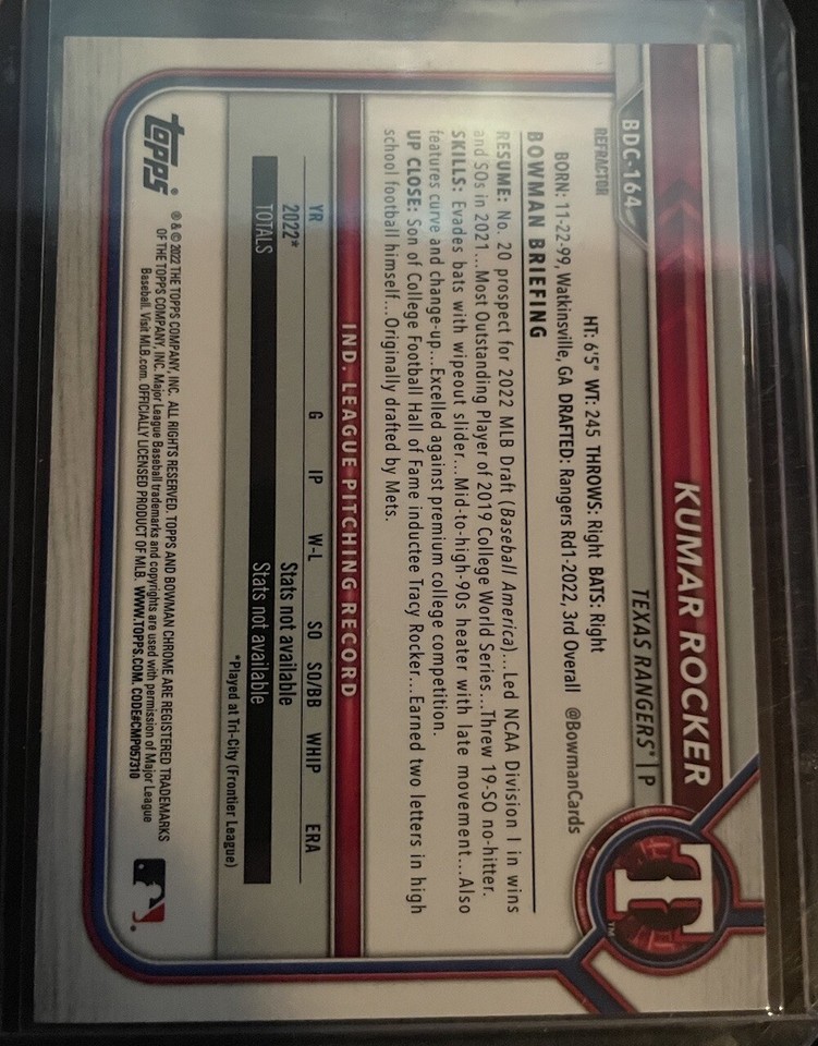 2022 BOWMAN DRAFT CHROME 1ST REFRACTOR CARD TEXAS RANGERS KUMAR ROCKER ...