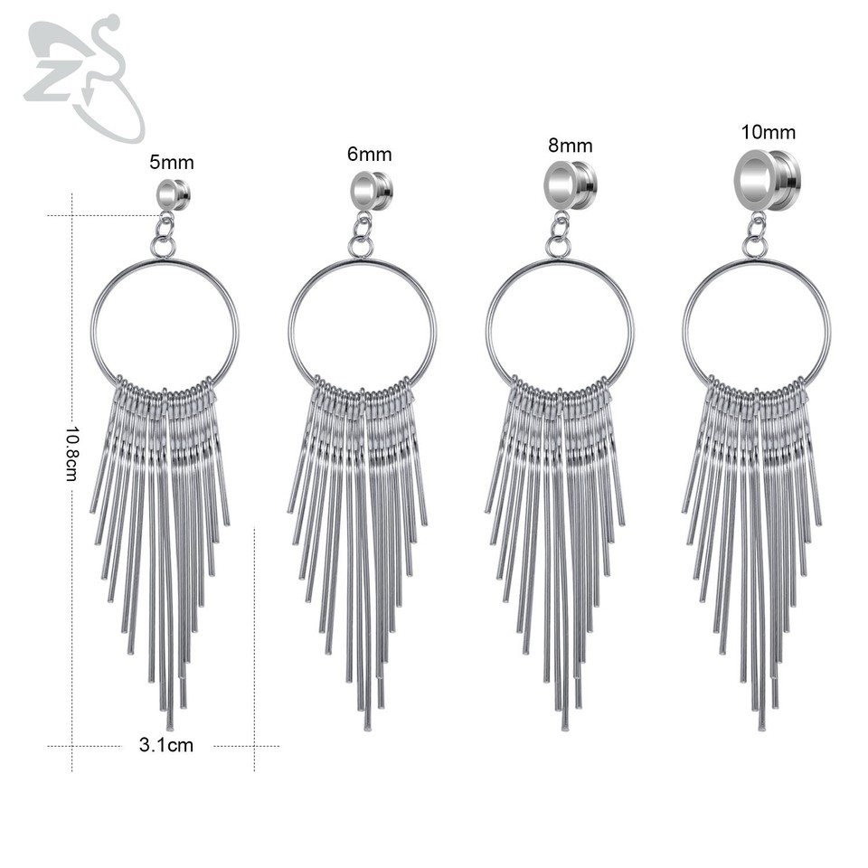 1 Pc Bohemian Tassel Dangle Tunnel and Plug Stainless Steel Ear Gauges ...