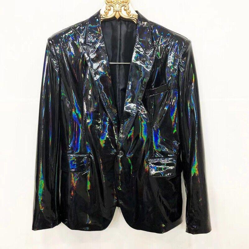 Men's Laser Holographic Shiny Faux Leather Blazer Jacket Coat Party ...