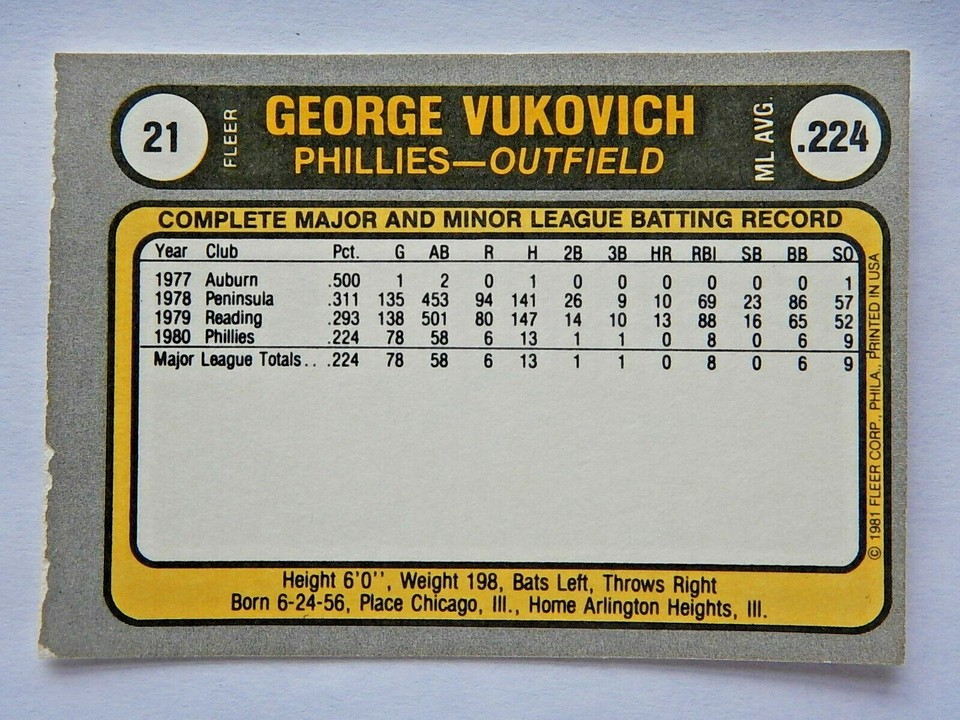 George Vukovich #21 Fleer 1981 Baseball Card (Philadelphia Phillies) VG ...