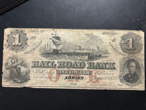 1853 ADRIAN MICHIGAN ERIE KALAMAZOO RAILROAD BANK OBSOLETE CURRENCY $1. ...