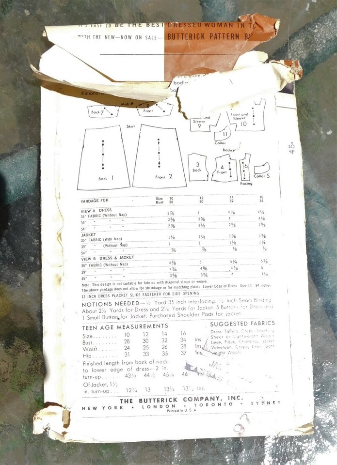 VINTAGE 1950'S BUTTERICK 5583 TEEN JACKET DRESS ENSEMBLE PATTERN BUST ...