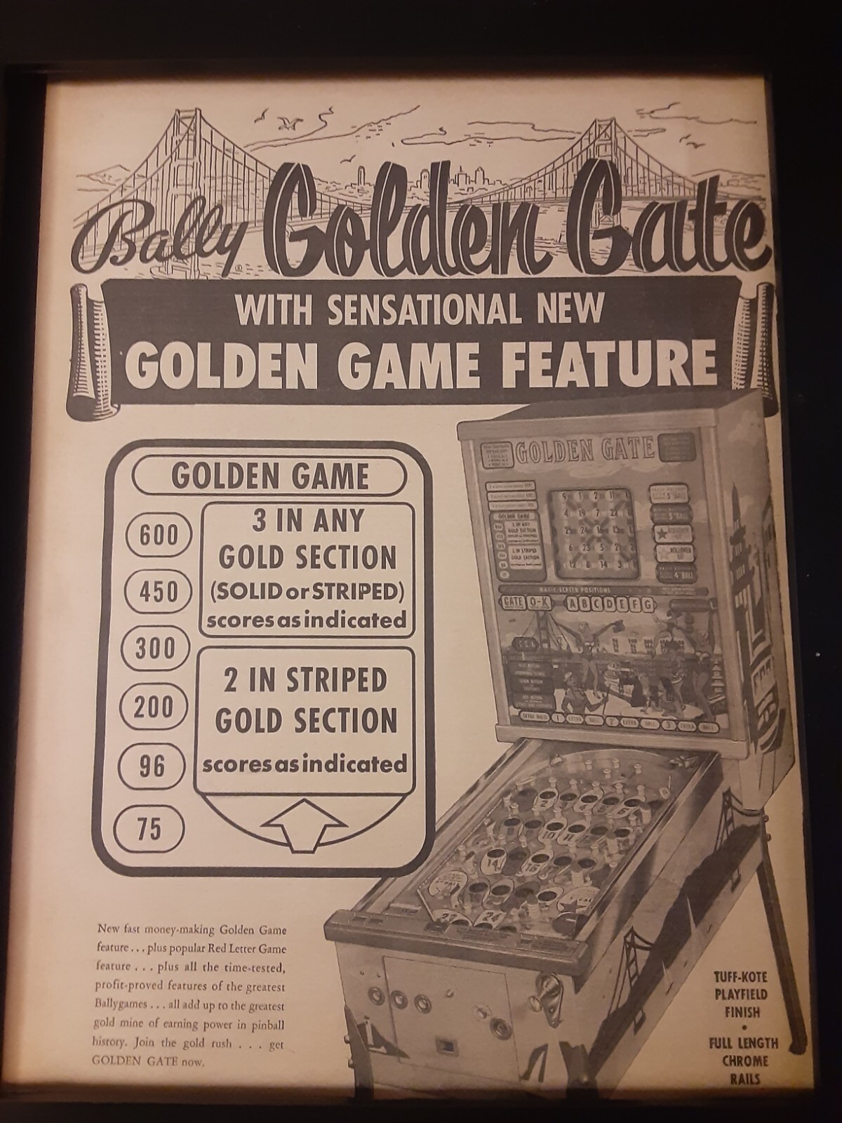 Bally Golden Gate Pinball Machine Rare Original Promo Poster Ad Framed ...