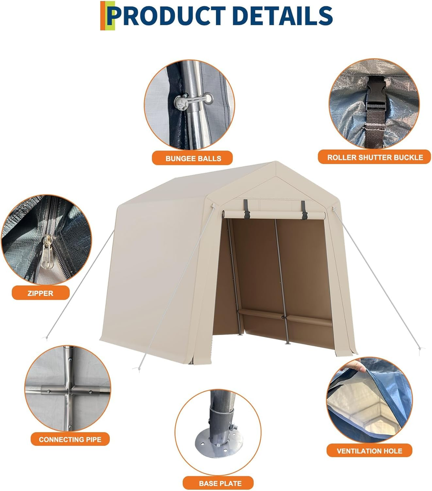 Portable 7x10 Ft Bike & ATV Storage Tent with Roll-Up Door - Khaki | eBay