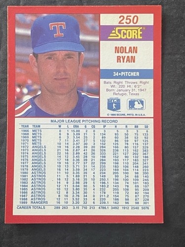 1990 SCORE BASEBALL NOLAN RYAN CARD TEXAS RANGERS HALL OF FAMER Free ...
