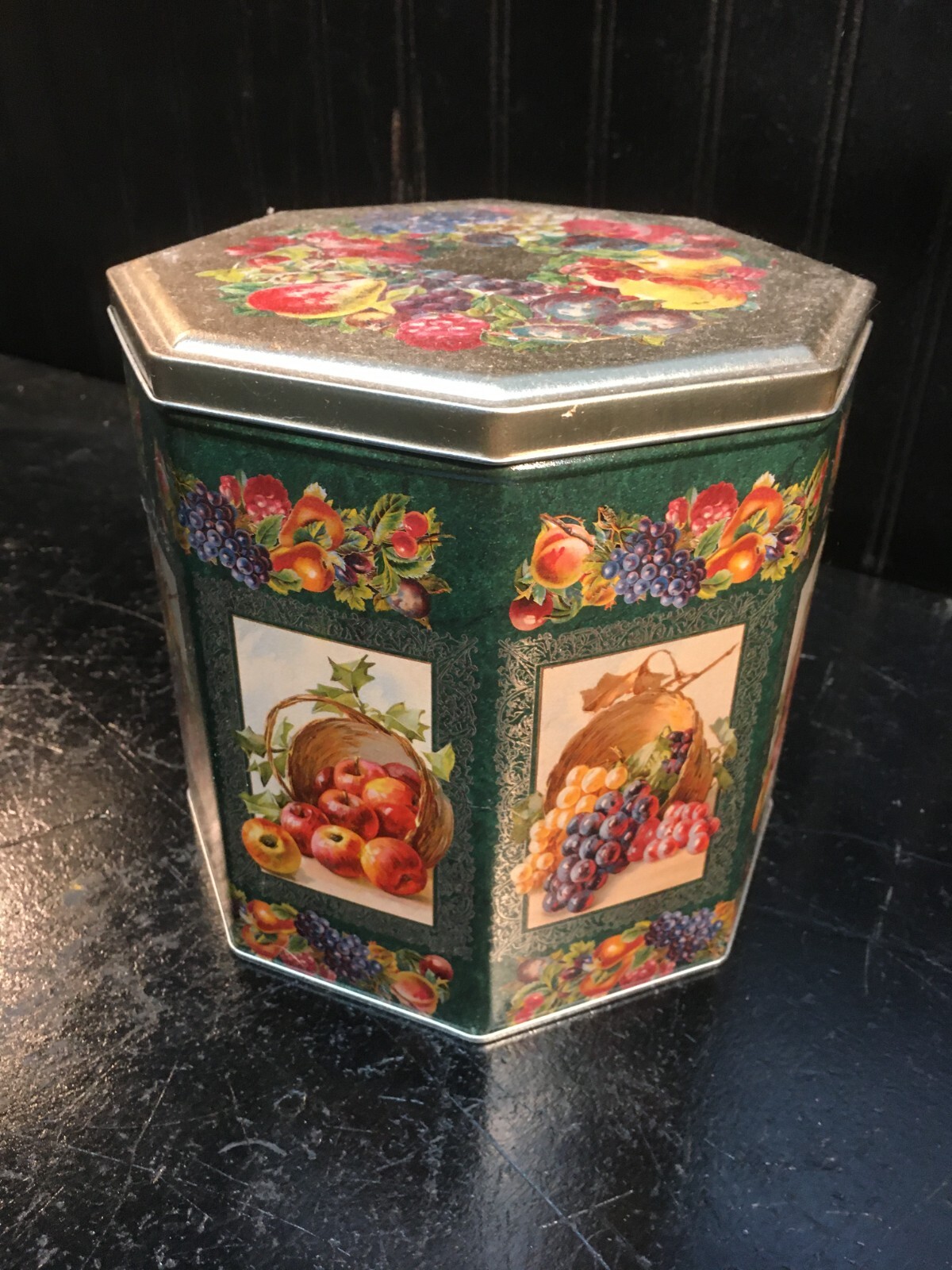 Vintage Holiday Fruit Cake Tin with Fruit Basket on Side Wreath on top ...