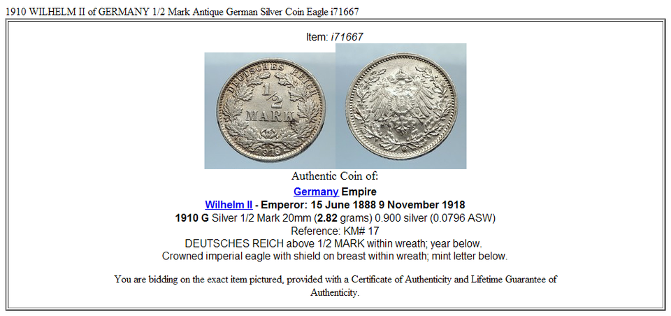 1916 WILHELM II of GERMANY 1/2 Mark Antique German Silver Coin Eagle ...