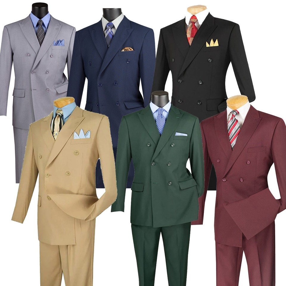 Heather Gray Vinci Men Solid Double Breasted Regular Fit Suit Elastic Waist | eBay