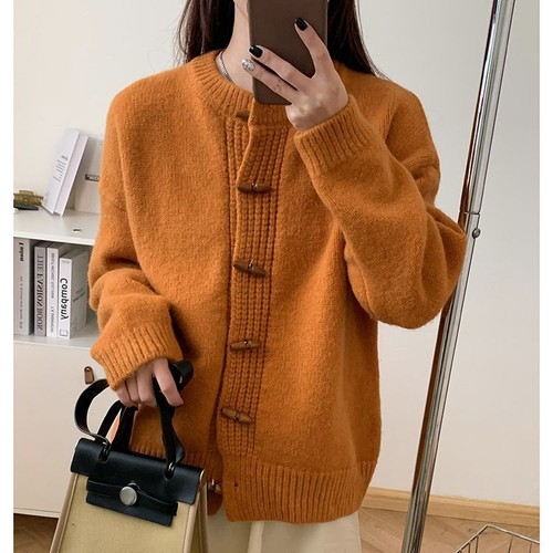 Women Crew Neck Horn Toggle Button Knitted Cardigan Coat Loose Thicken ...