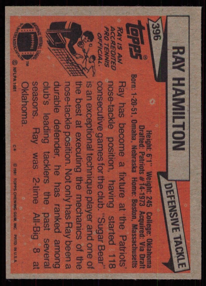 1981 Topps Ray Hamilton New England Patriots #396 | eBay