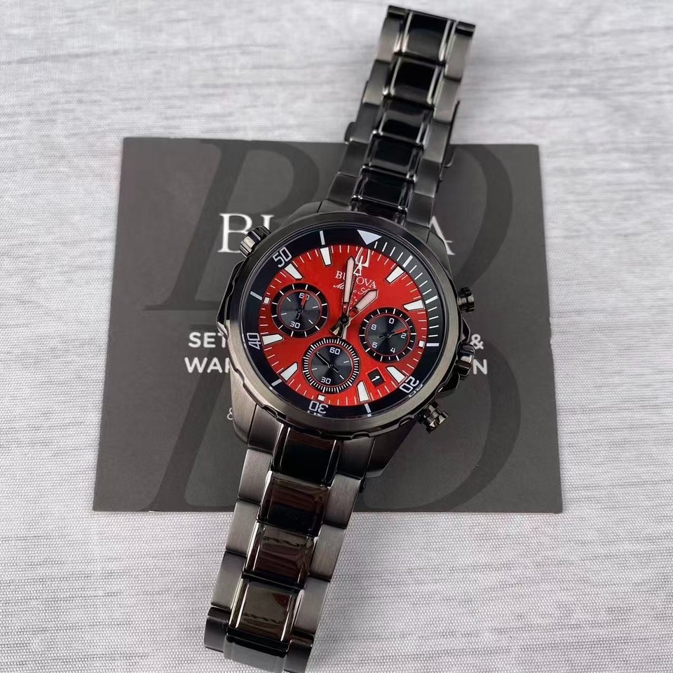 New Bulova Marine Star Men's Quartz Watch Red Dial Chronograph 98B350 ...