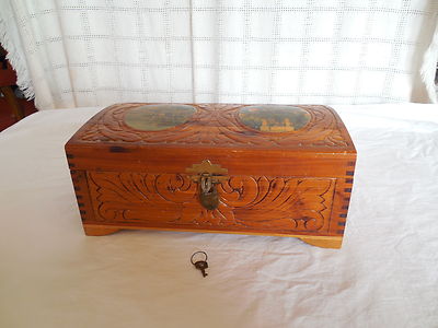 Vintge wood trunk, box jewelry, trinket mirrored lid, scene on top | eBay