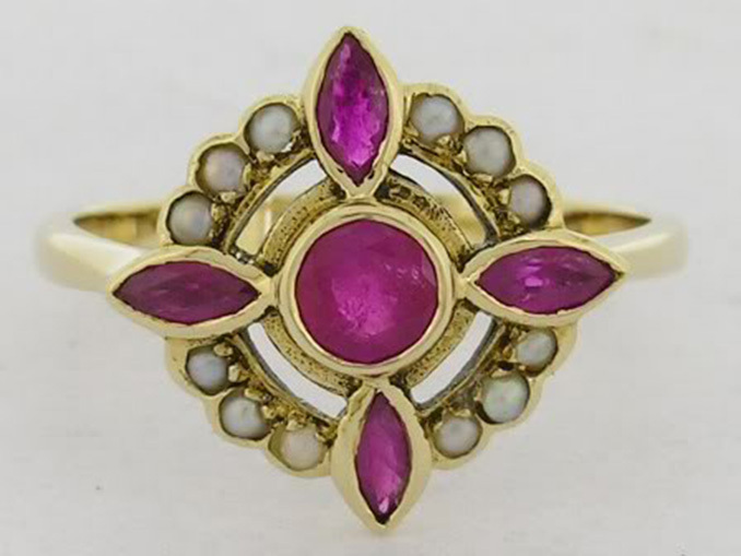 C458 Genuine 9ct Yellow Gold NATURAL Ruby & Pearl Ring Windmill Star ...