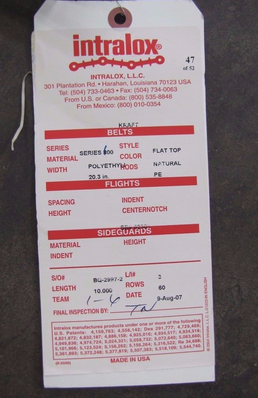 INTRALOX SERIES 800 20.3" X 10' POLYETHYLENE FLAT TOP CONVEYOR BELT ...