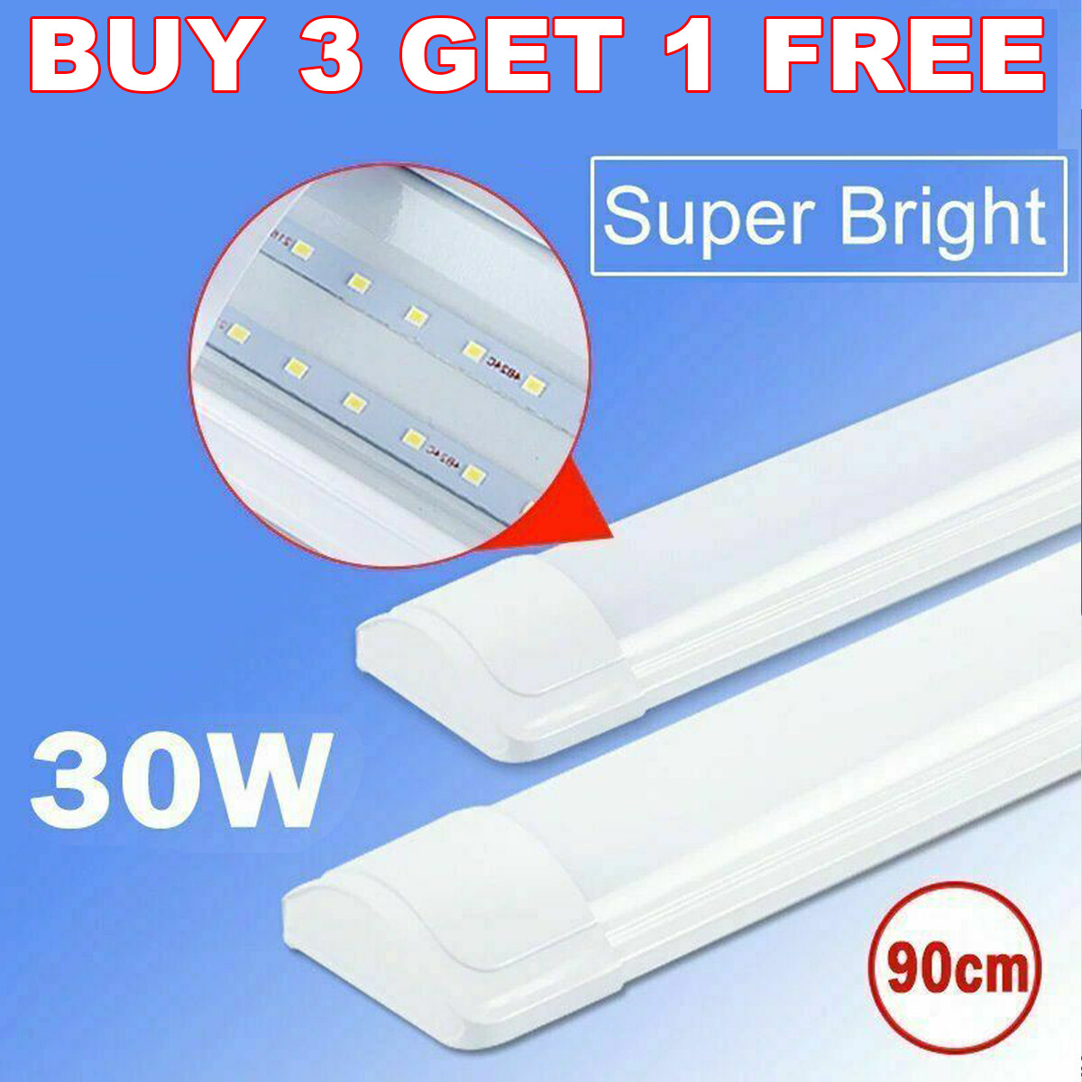 3FT LED Batten Strip Lights Home Garage Office 90cm Shed Lamp 6500K ...