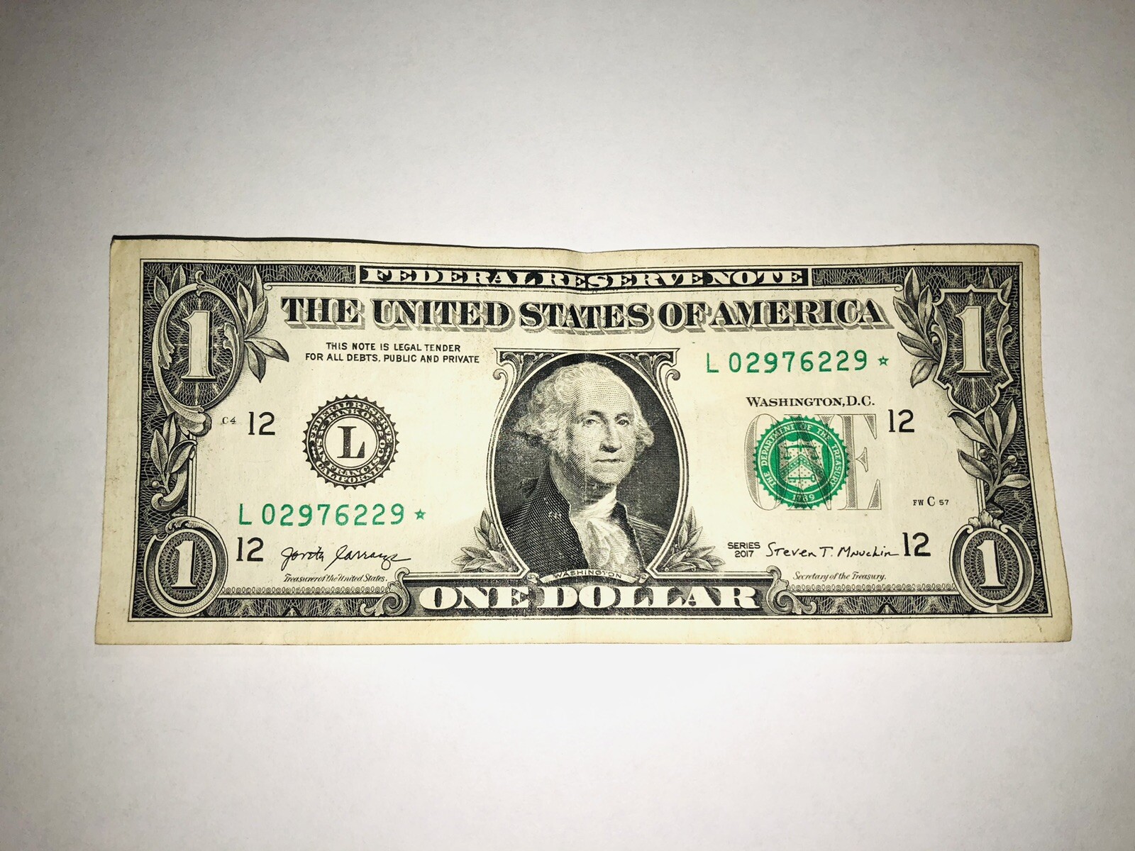 $1 one 2017 Dollar Bill Star Note S/N L02976229* , Collectible Star ...