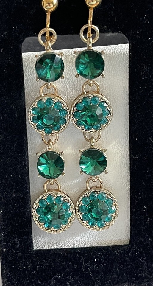 Vintage Teal Rhinestone Crystals Goldtone Pendant Necklace & Clip ...