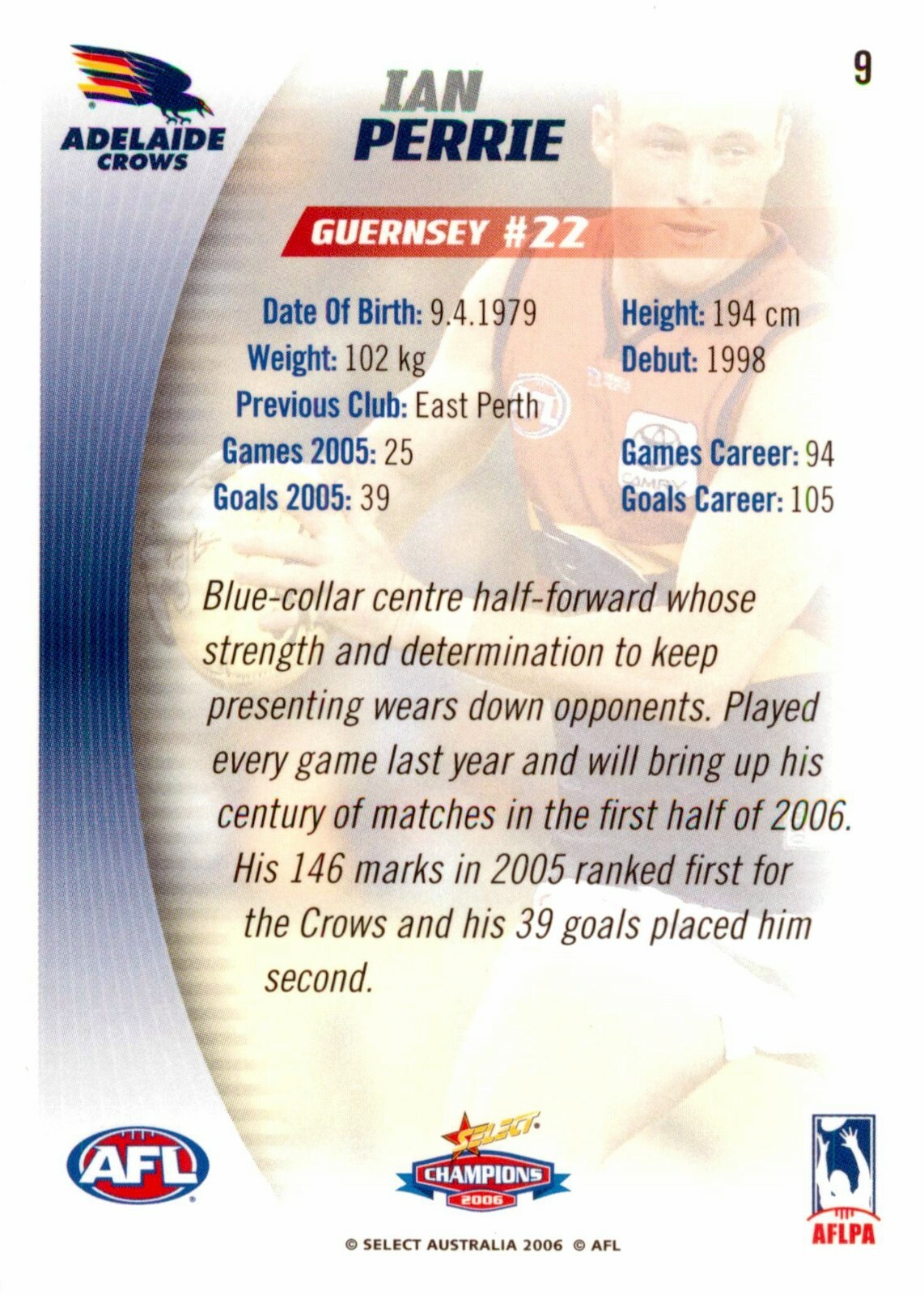 New 2006 ADELAIDE CROWS AFL Card IAN PERRIE Champions | eBay
