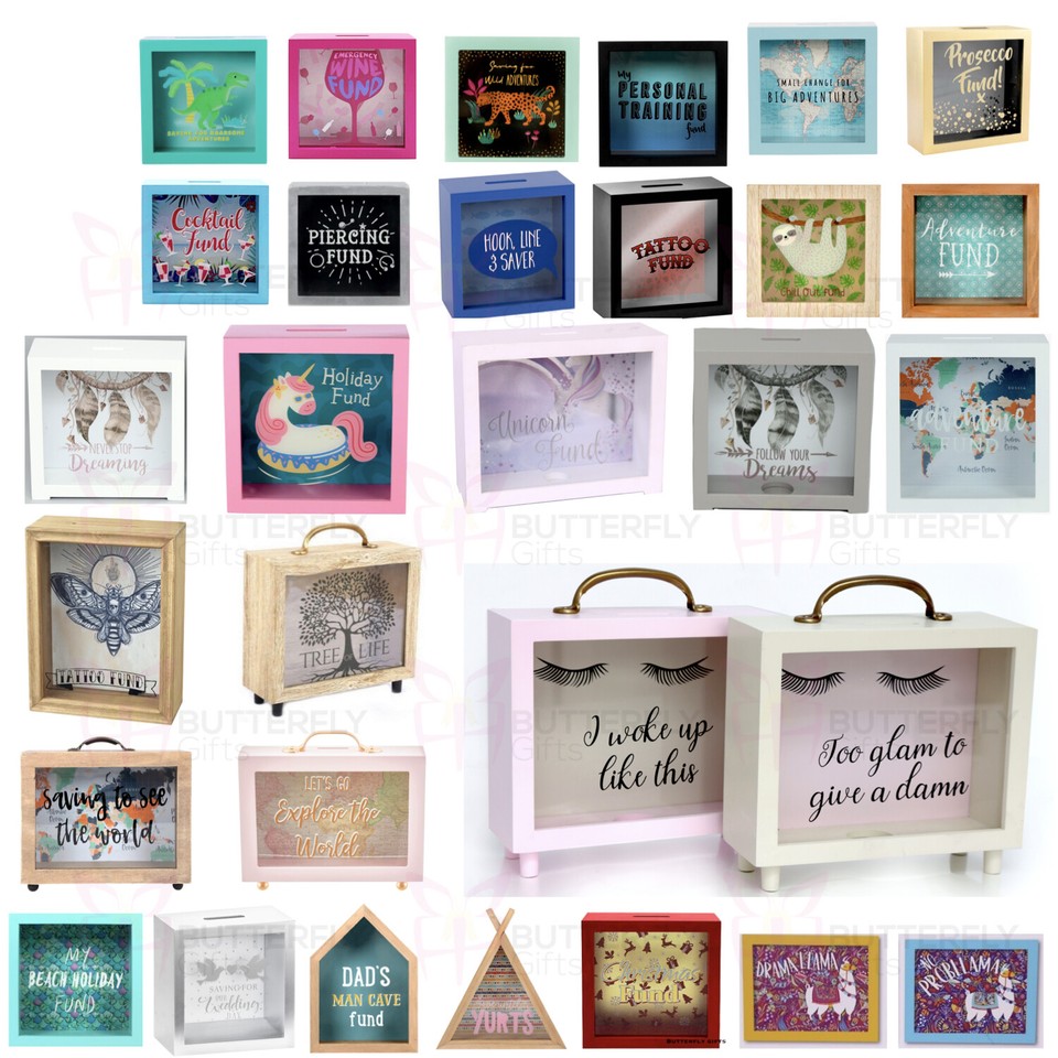 Wooden Money Box Frame Glass Coins Notes Savings Piggy Bank Ceramic ...