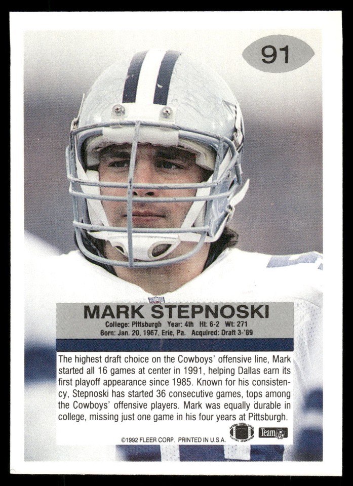 1992 Fleer #91 Mark Stepnoski Dallas Cowboys | eBay