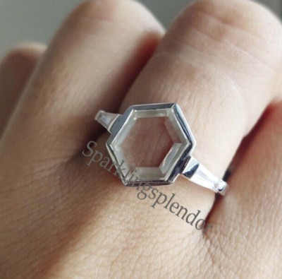 Hexagon Shape Portrait Cut Moissanite Engagement Ring Bezel Set 3 Stone ...