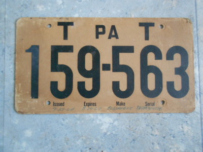 1964 PA PENNSYLVANIA TEMPORARY LICENSE PLATE 159-563 CARDBOARD ...