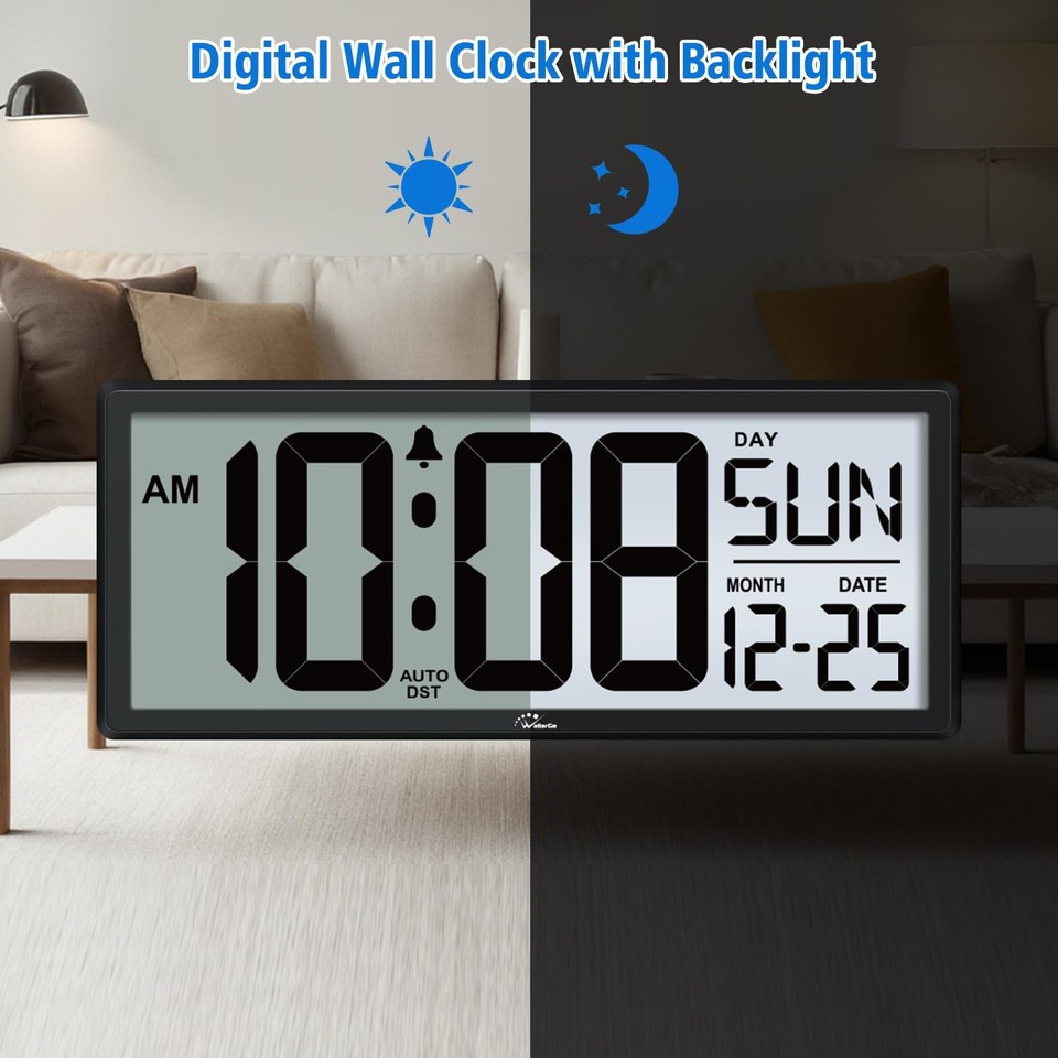 Backlight Digital Wall Clock Battery Operated - with Temperature and ...