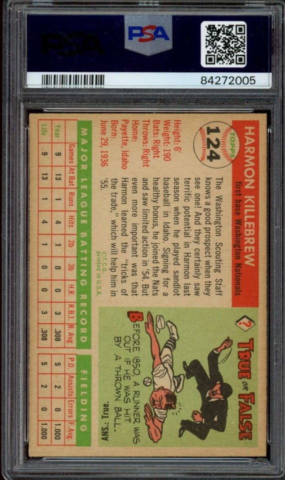 1955 Topps #124 Harmon Killebrew PSA 6.5 RC Rookie Senators (2005) | eBay