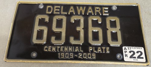 RARE Delaware Commemorative Centennial License Plate Tag Black Gold Low ...