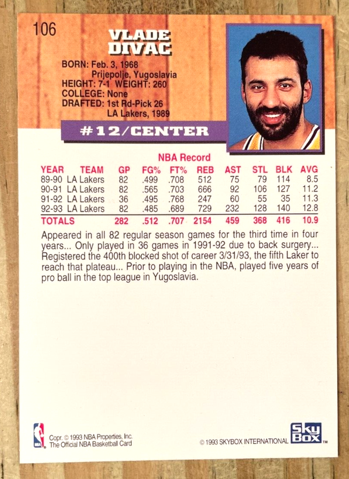 1993-94 NBA HOOPS VLADE DIVAC CARD#106 NM-MT LOS ANGELES LAKERS KINGS ...