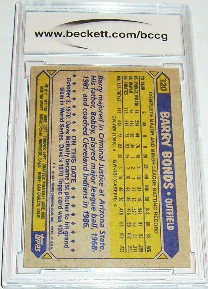 1987 TOPPS #320 BARRY BONDS ROOKIE HOME RUN KING 762. BECKETT BCCG 10 ...