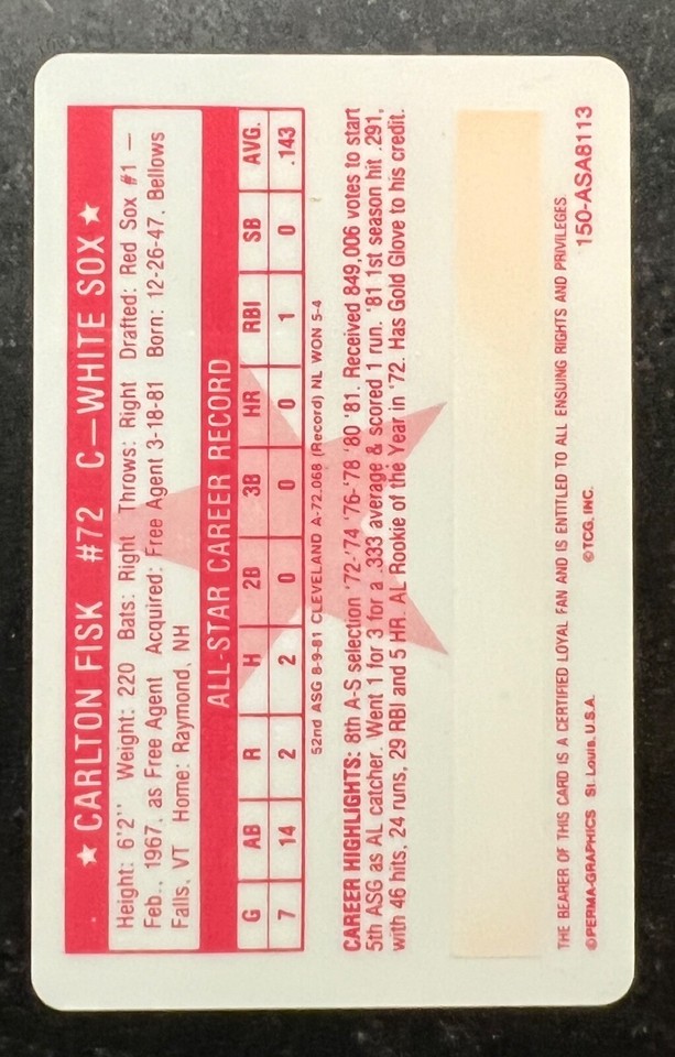 1981 Perma-Graphics All-Star Credit Card Carlton Fisk | eBay