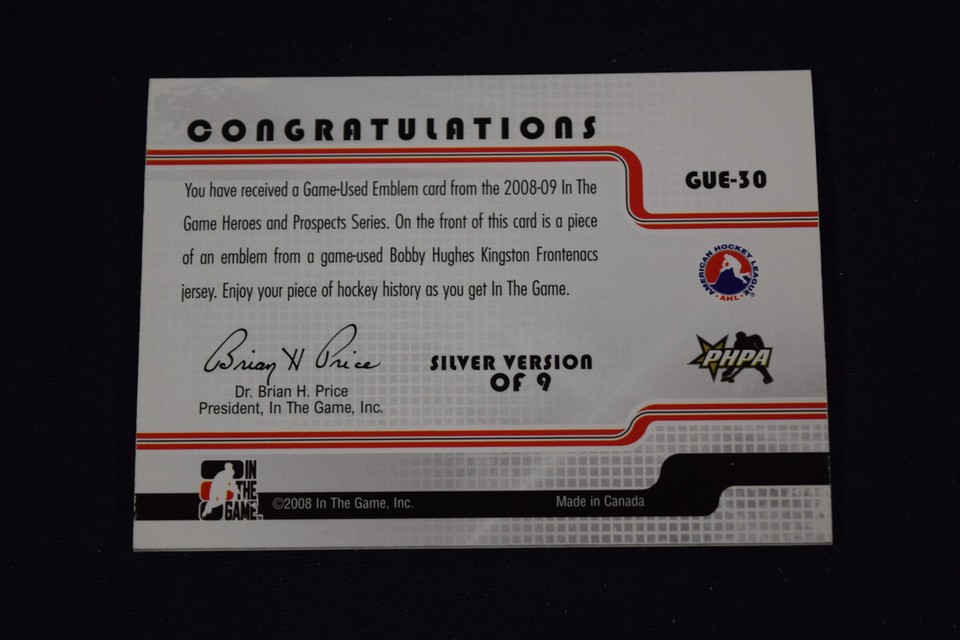 Bobby Hughes 2008-09 ITG Heroes And Prospects Game Used Emblem EXPO 1/1 ...