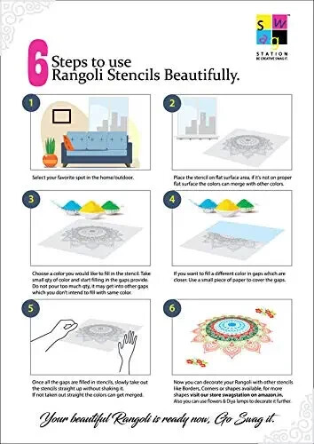 Rangoli Making Tools Kit Set of 5 Stencil 6 Rangoli Powder Colors ...