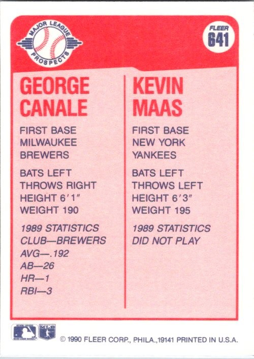 1990 Fleer #641 George Canale / Kevin Maas MLP, RC | eBay UK