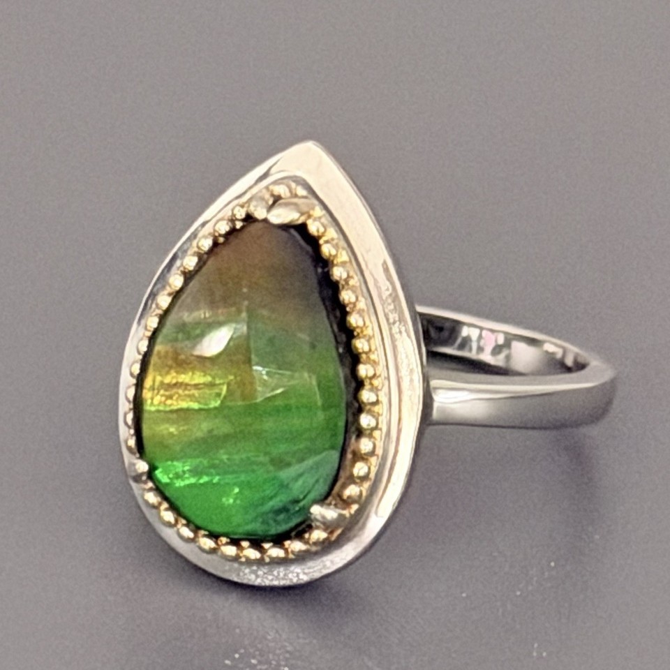 Korite Ammolite Ring Sterling Silver Pear Shaped Size 8 Green Yellow ...