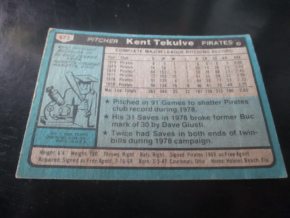KENT TEKULVE (pittsburgh pirates) 1980 topps CARD #573 excellent ...