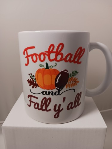 White Coffee Mug UV DTF Sticker Applied, 11oz, Football and Fall Y'all ...