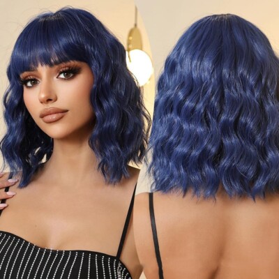 Blue Bob Wigs with Bangs Short Wave Blue Synthetic Hair Blue Wigs for ...