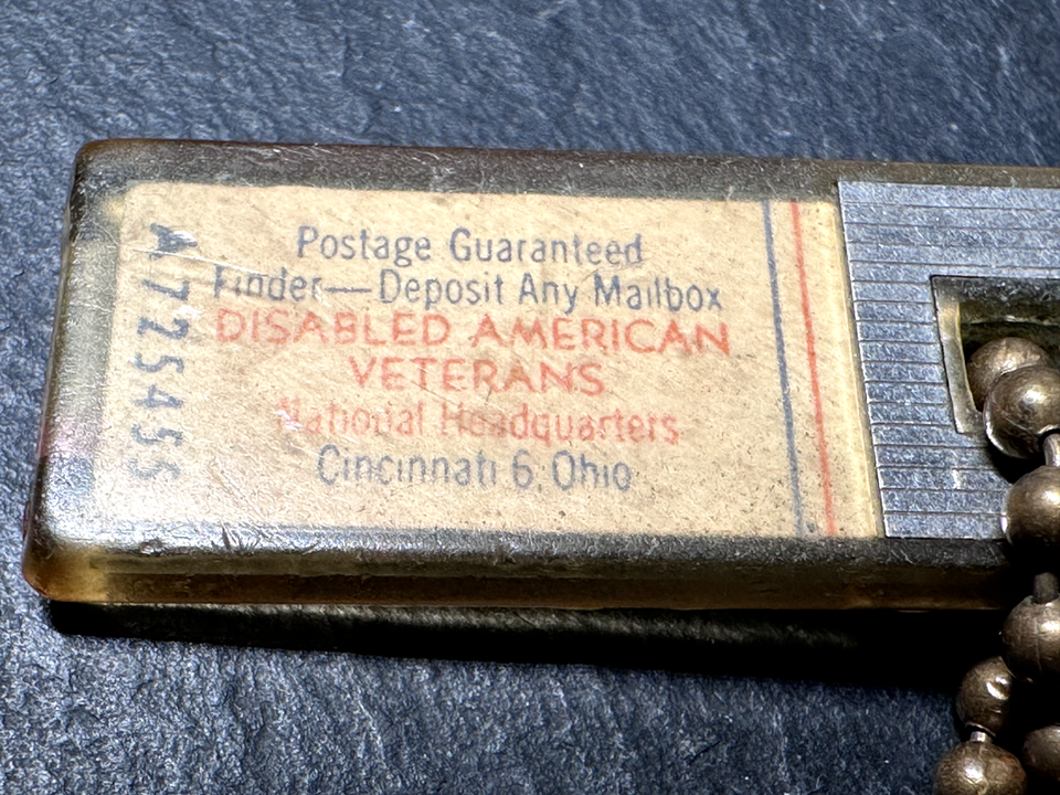 ~1964 TWO DISABLED AMERICAN VETERAN PLASTIC GUARANTEED RETURN KEY FOBS ...