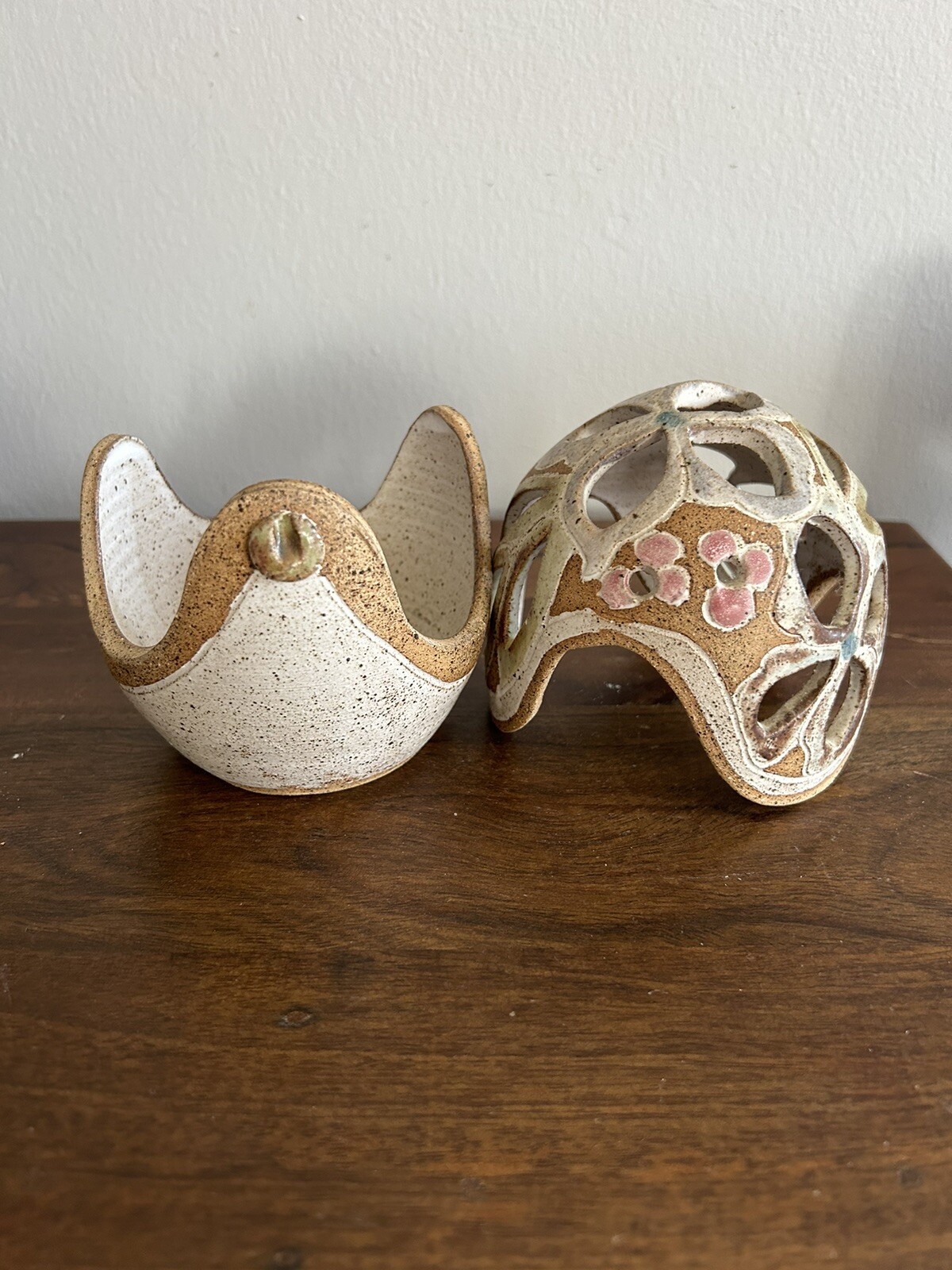 Vtg Judy Brater Stoneware Art Pottery 2pc Tea Light Candle Holder Fairy ...