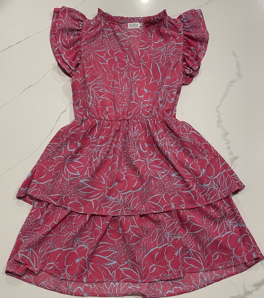 Shop The Mint Floral Ruffle Dress Pink Fuchsia Cap Sleeve Tiered Flare ...