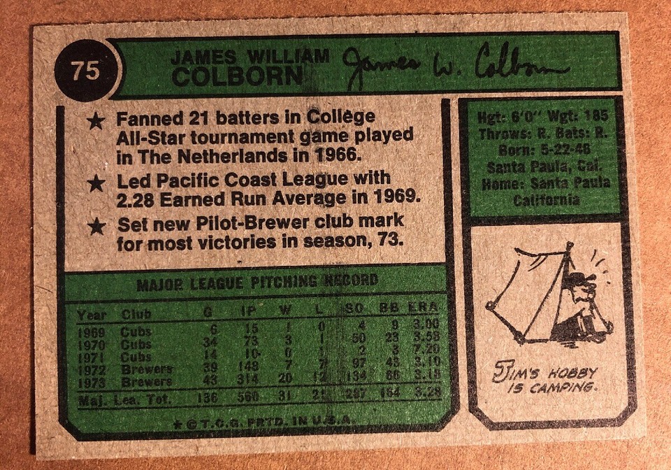 1974 Topps Card #75, Jim Colborn, MINT, (BIGJ’S), Milwaukee Brewers | eBay