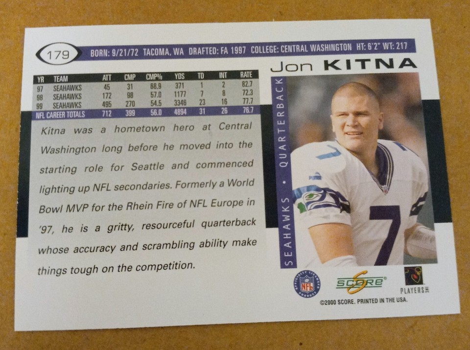 2000 Score JON KITNA Football Card #179. SEATTLE SEAHAWKS . QB | eBay